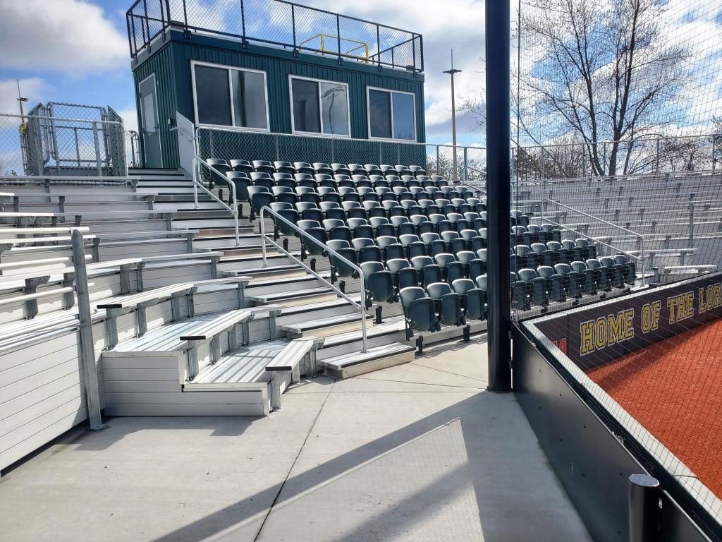 A Mitered Backstop Bleacher with VIP Seating and a Press Box for Durham ...